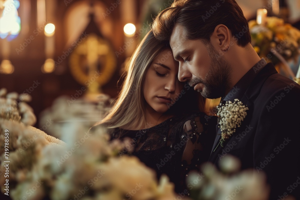 sad, funeral and flowers with couple and coffin in church for death ...