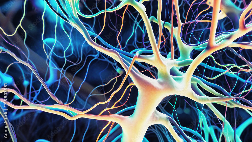 Dark body of neuron with glowing branches on black bg - 3d rendering of ...