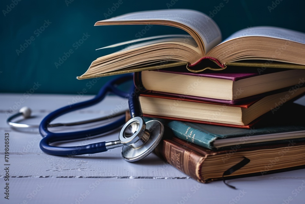 Stack of books with stethoscope and open book on top Stock Photo ...