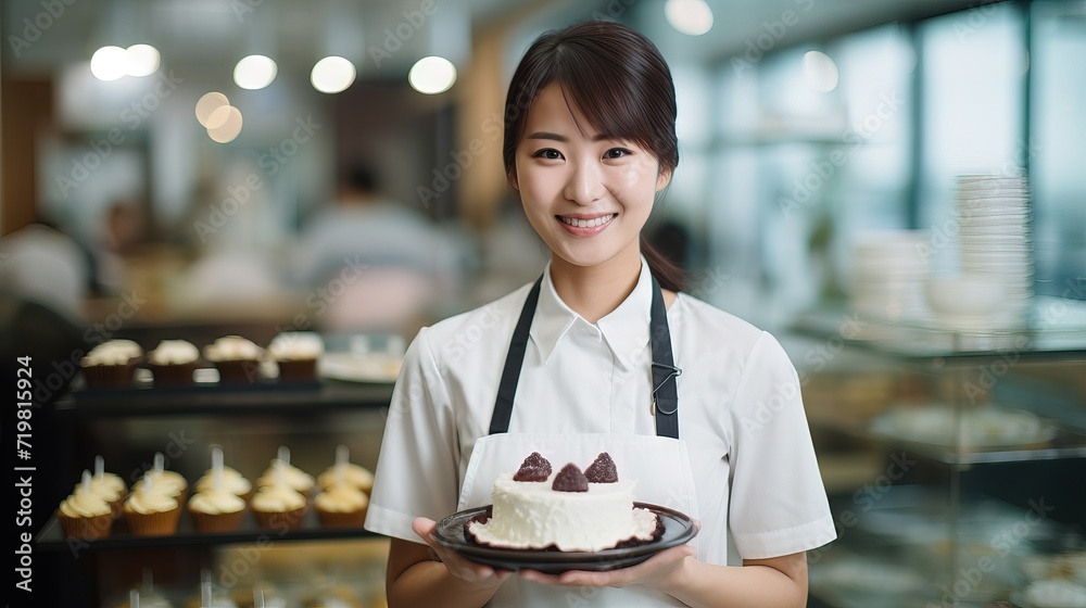 Japanese works in a cake shop pastry chef concept with uniform She is a ...