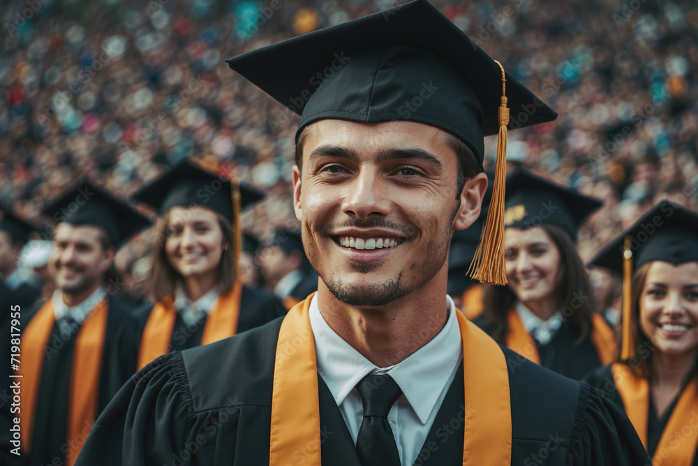 Smiling young man in graduation cap and gown celebrates commencement ...