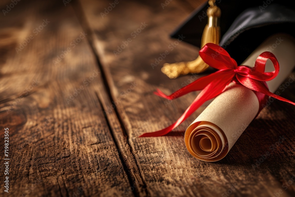 A photo of a black graduation cap with a rolled-up degree paper tied ...