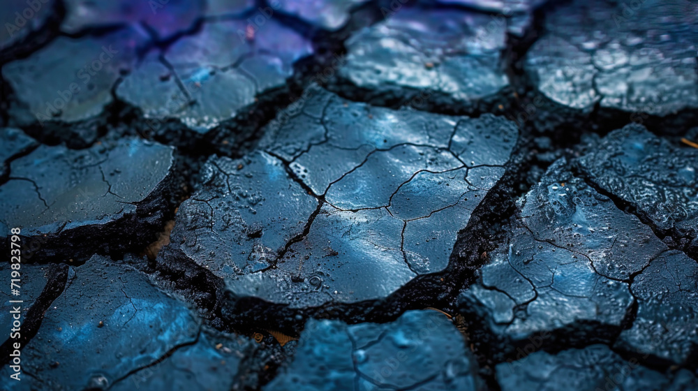 Asphalt with blue flashes bright and unexpected flashes of blue color ...