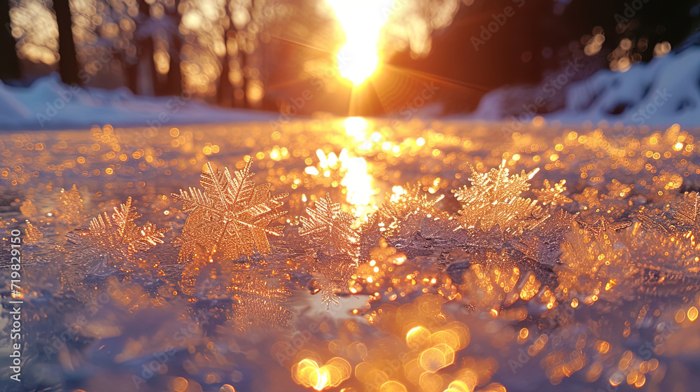 Ice with a reflection of snow flakes shine and light, reflected from ...