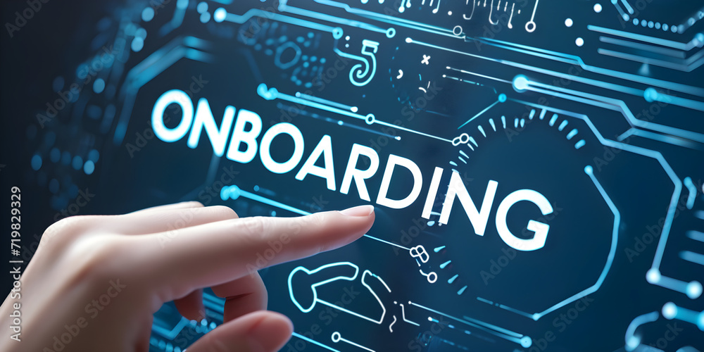 Onboarding new employee process concept with hand pressing button with ...
