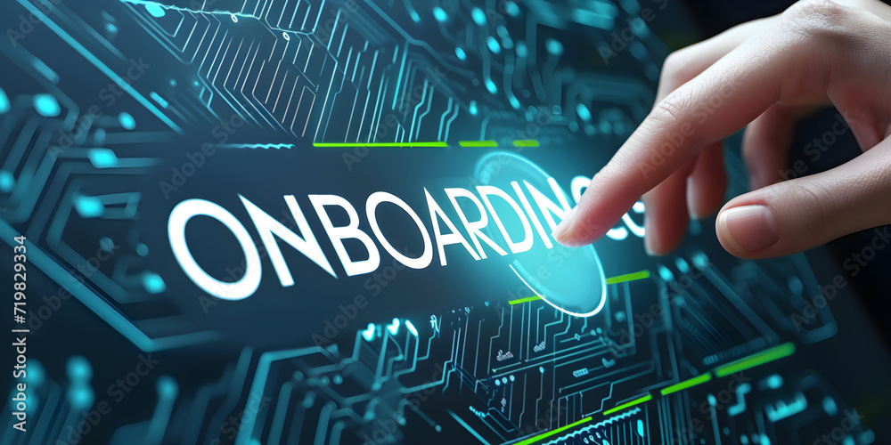 Onboarding new employee process concept with hand pressing button with ...