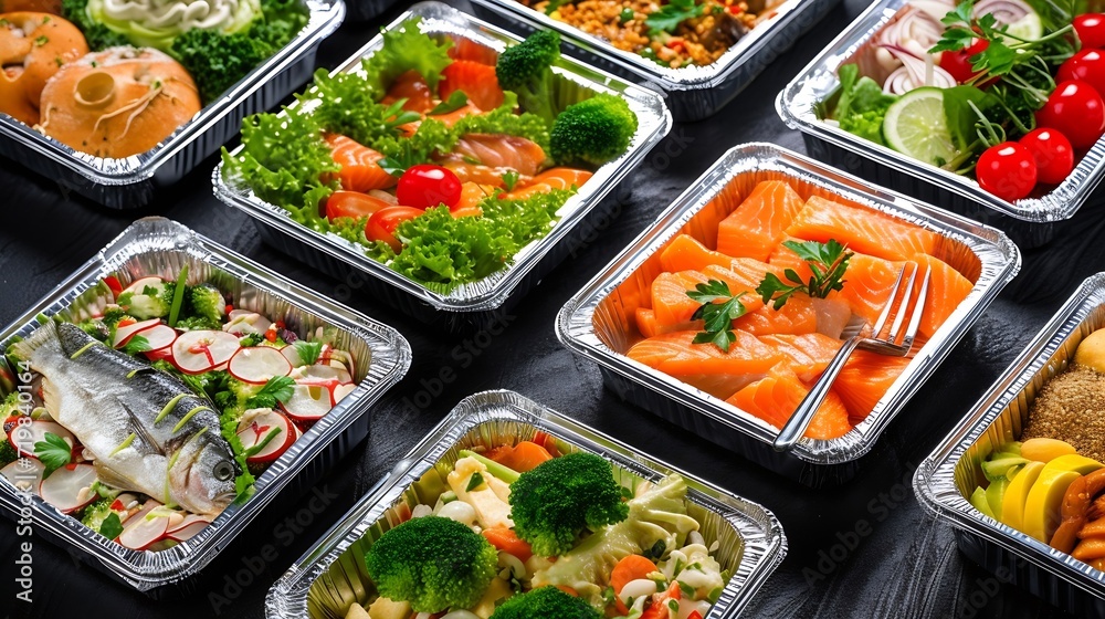 Ready healthy food catering menu in lunch boxes fish and vegetable ...