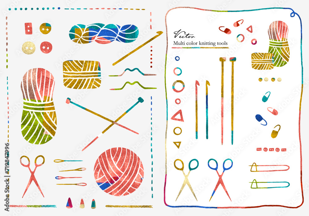 Vectorized illustration set of colorful yarn and various knitting tools decoration materials ...