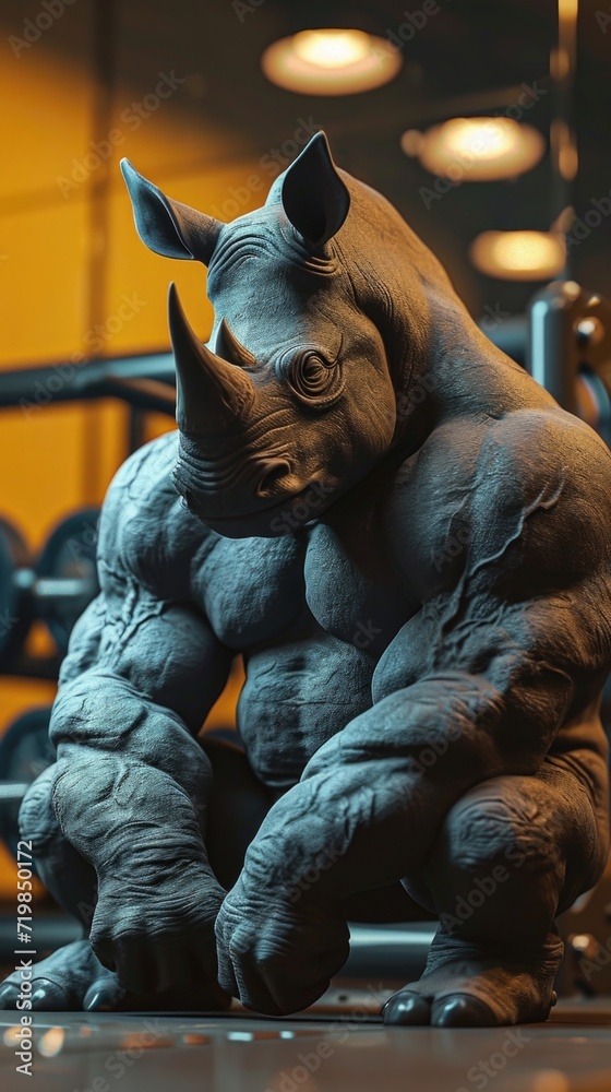 Cartoon digital avatars of a Muscled Rhino showing off his powerful abs ...