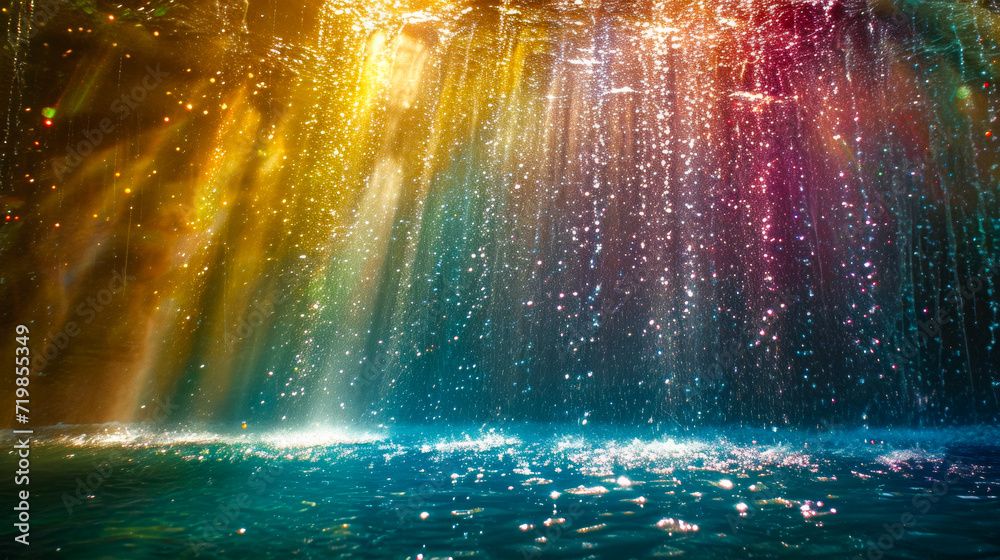 A splash of water from a waterfall catches the sunlight, creating a ...