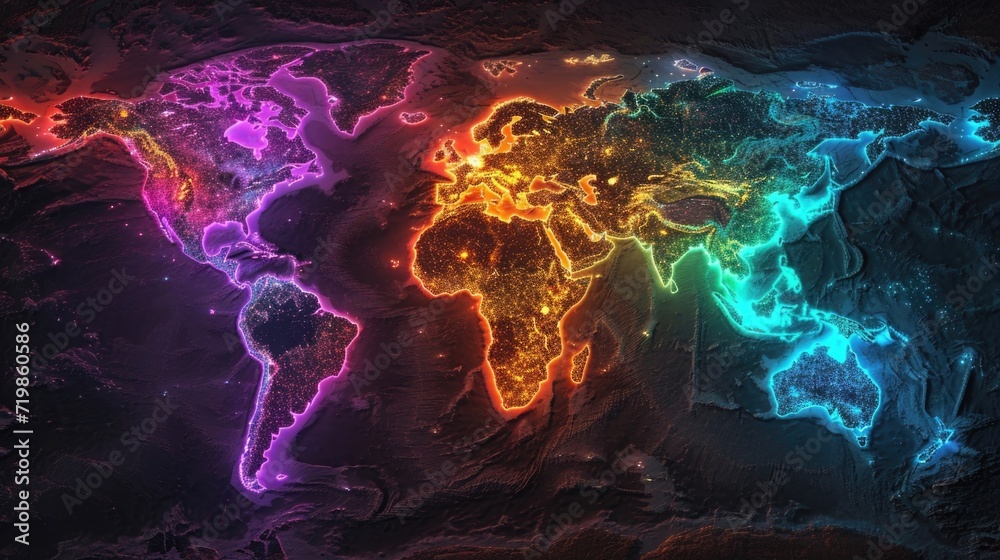 A striking neon map of the world highlighting the digital hubs and ...
