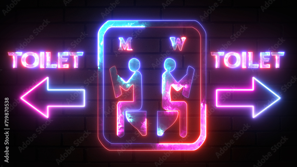 Sitting and read paper in toilet neon sign on bricks wall background ...