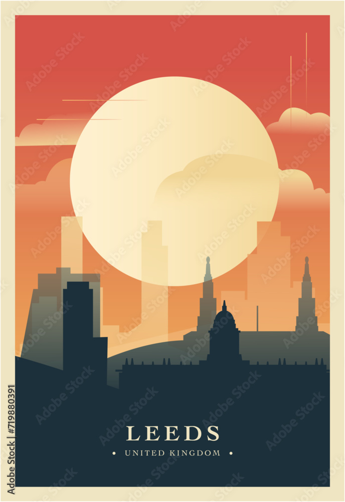 Leeds city brutalism poster with abstract skyline, cityscape retro ...