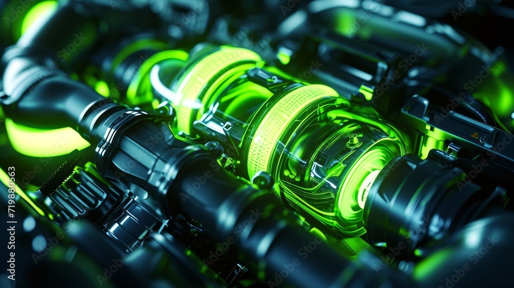 A closeup of a neon green light illuminating a turbocharger giving it ...