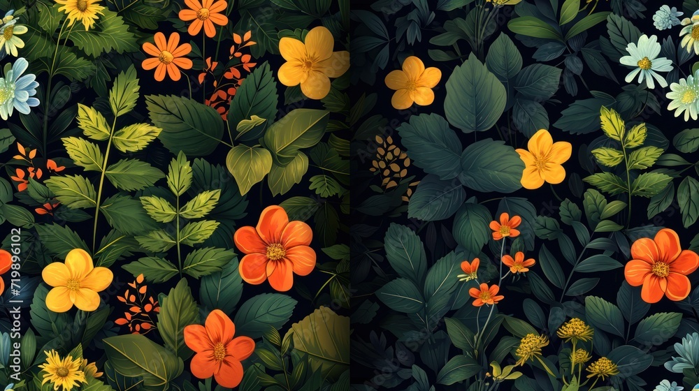 Vector pattern from stylized plants, herbs and flowers. A set of two ...
