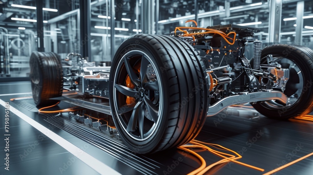 As the car switches to electric mode a closeup of the electric motor ...