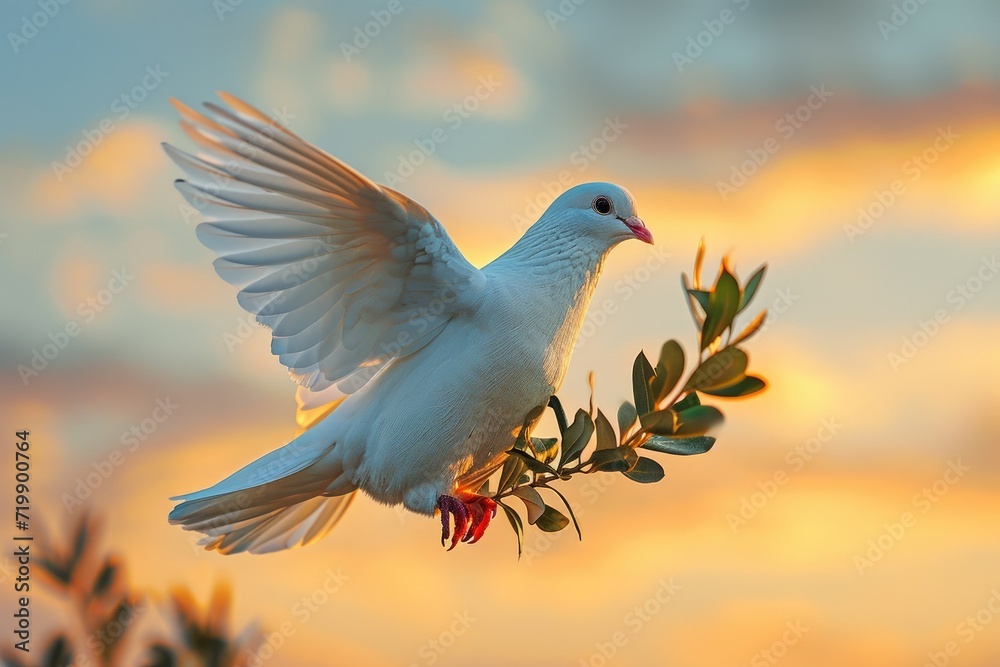 One White Dove freedom flying Wings on sunset wide sky background ...