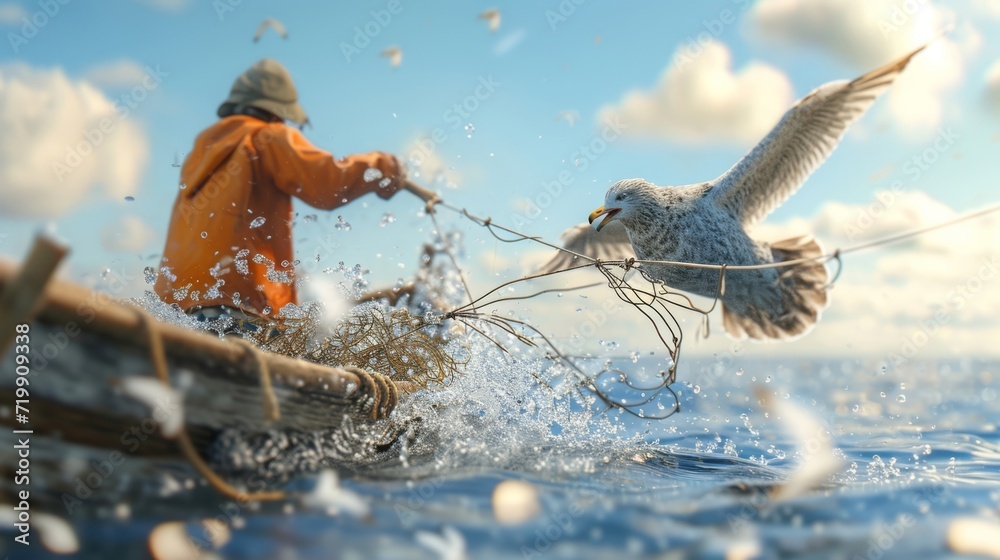In a stroke of bad luck one fishermans line gets tangled with a seagull ...