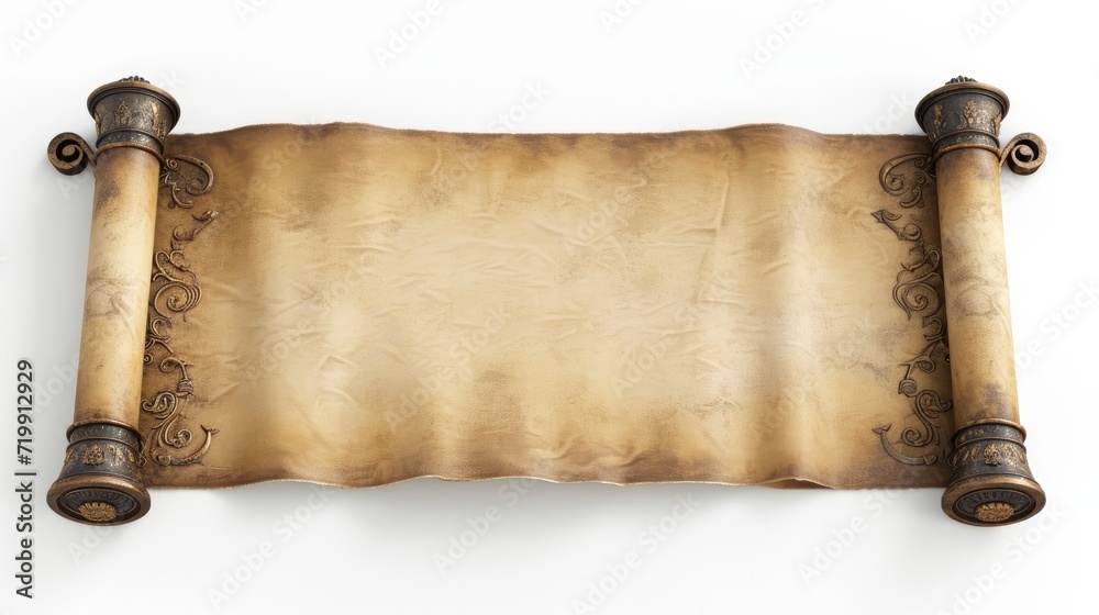 An antique medieval style scroll design. The scroll is opened and is ...