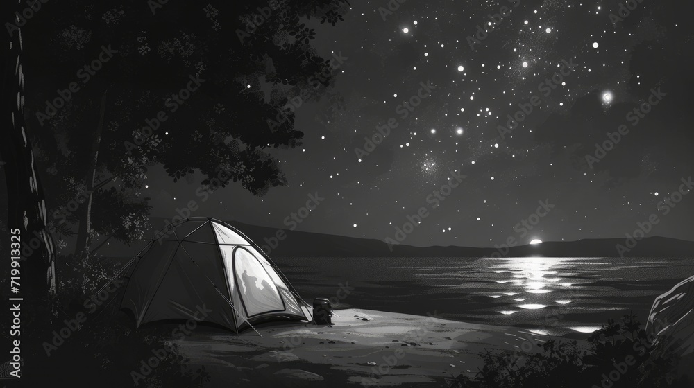 Camping tent on the beach with night sky and stars in 2D game art style ...