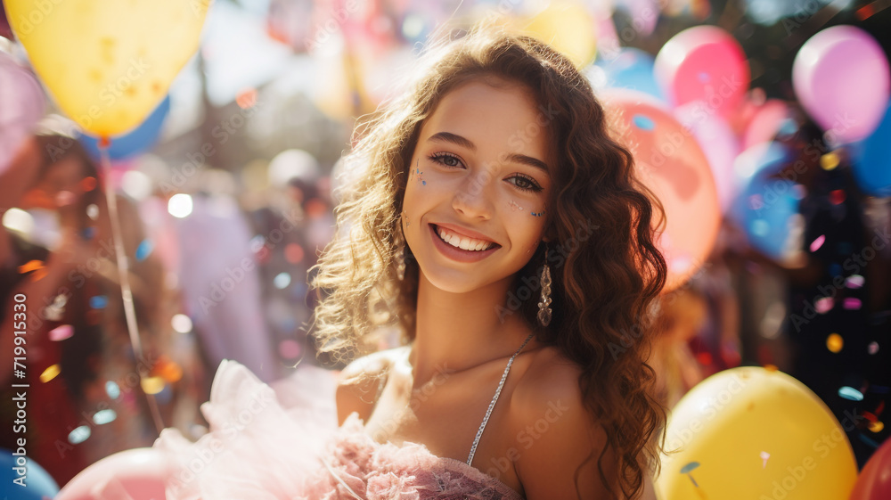 Happy 15 year old girl celebrating her Quinceanera with balloons Stock ...