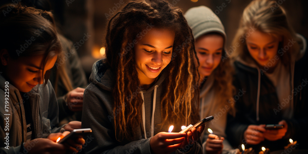 Foto de Depicts multicultural young people using mobile phones in a ...