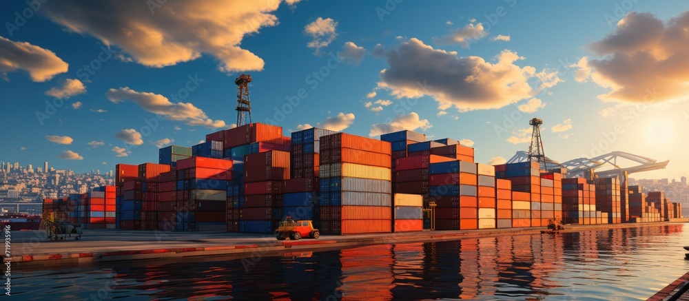 container ship cargo containers in logistics port terminal, background ...