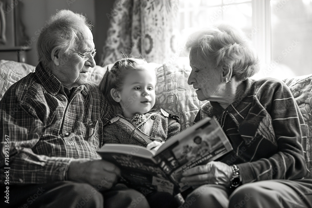 Generations flipping through old photo albums together. Joy and ...