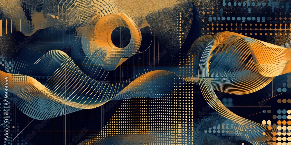 Geomatic in the style of light indigo and gold, with curvilinear ...