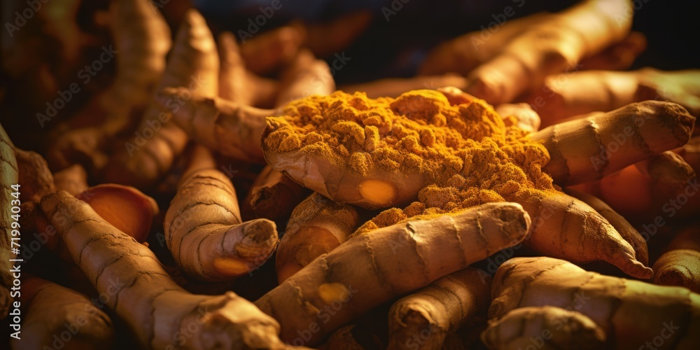 A pile of fresh turmeric with turmeric on top. Can be used to showcase ...