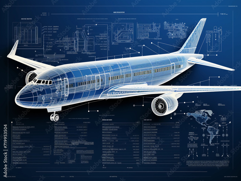 Infographic blueprint displays the precise technical details of a plane ...