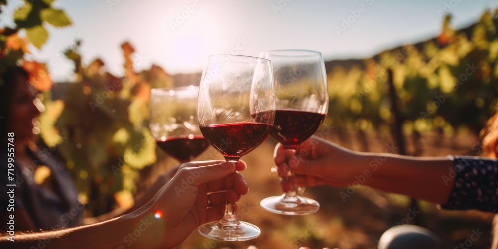 Group of friends gathering for wine tasting in countryside vineyard in ...