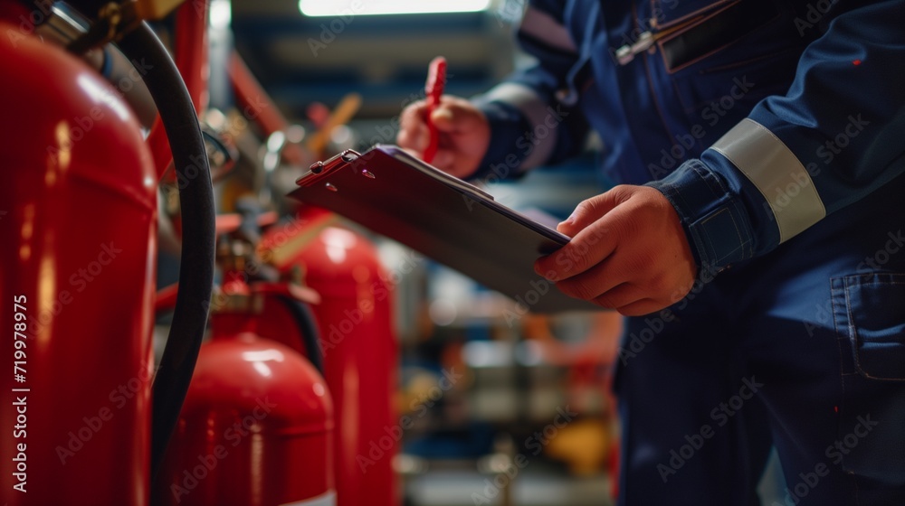 safety officer worker checking a fire extinguisher in a warehouse ...