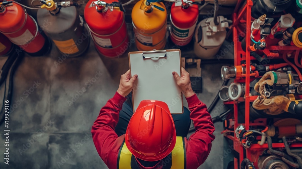 safety officer worker checking a fire extinguisher in a warehouse ...