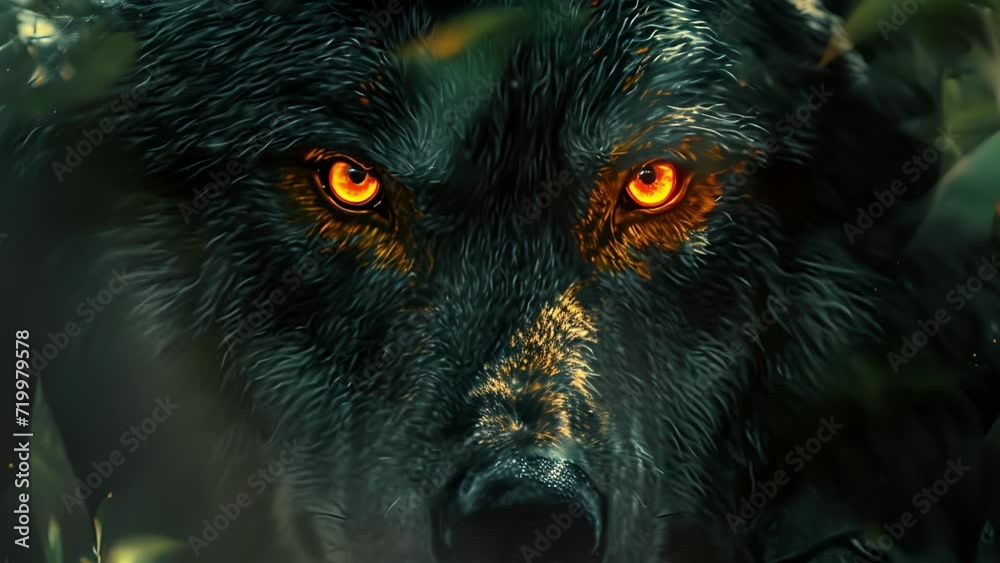 The werewolfs glowing yellow eyes watched the hunter from the cover of ...