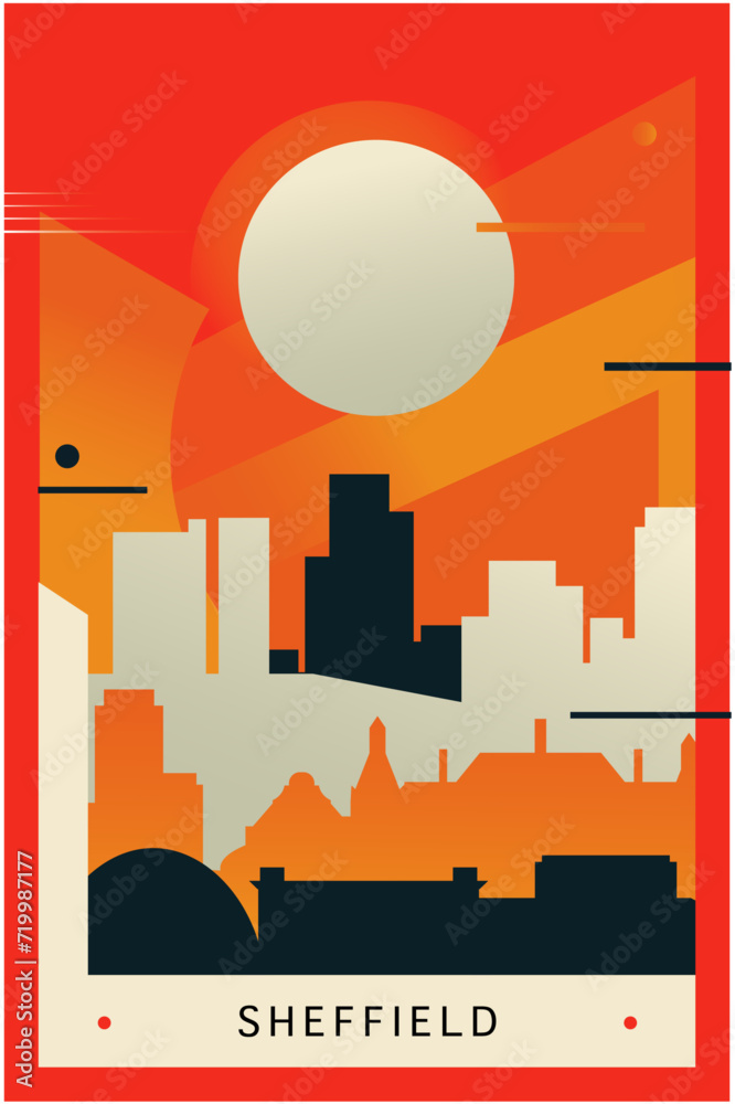 Sheffield city brutalism poster with abstract skyline, cityscape retro ...