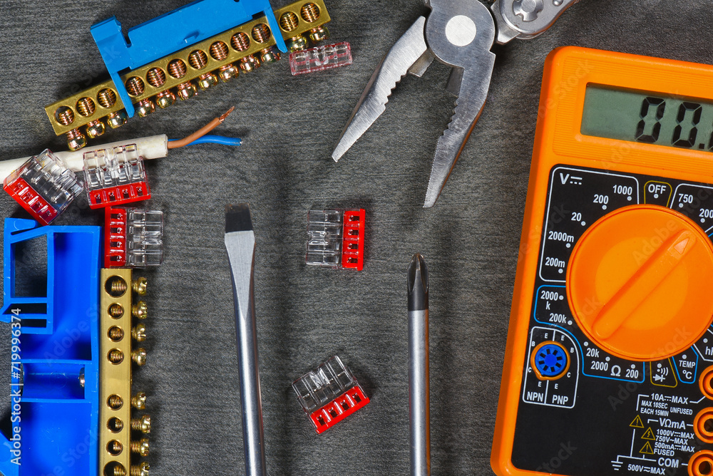 Various electrical terminal blocks, wiring connectors on the gray ...