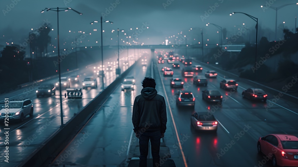 person sitting contemplating while smoking, between passing vehicles ...
