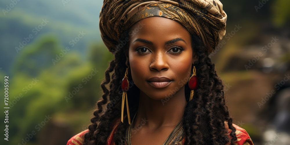 Regal African woman in traditional attire standing with a poised gaze ...
