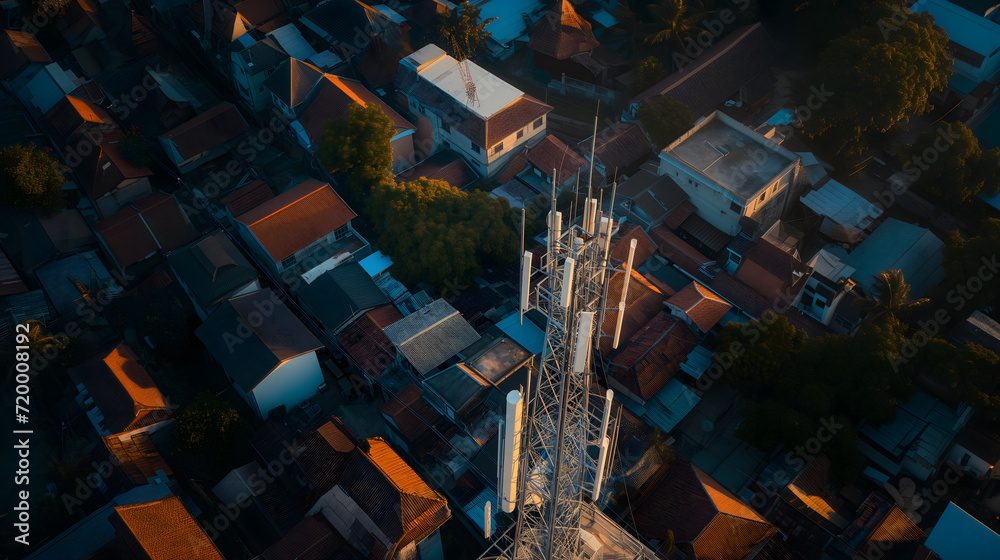 Photography of a telecommunications tower mounted on the rooftop of an ...