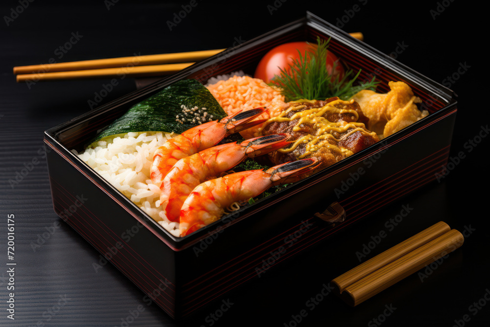 Diagonal view of an elegant bento lunch set with tempura shrimp ...