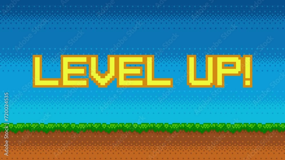 Animated pixel art banner with Level Up text and outdoor landscape ...