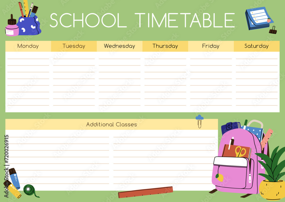 School timetable design. Lessons schedule, blank time-table, classes ...