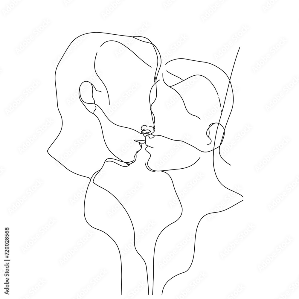 couple lineart. Single one line drawing of couple in kissing moment ...
