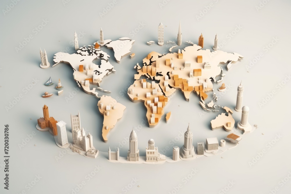 World Map with Icons Representing Famous Landmarks, Featured on a ...