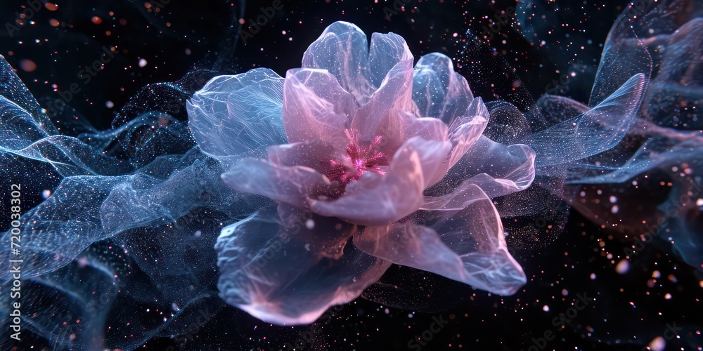 Holographic projection of a delicate flower, surrounded by a ...