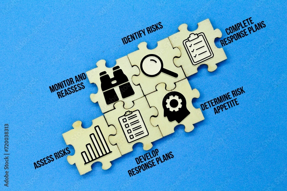 wooden puzzle with Risk Management icons which are Monitor And Reassess ...