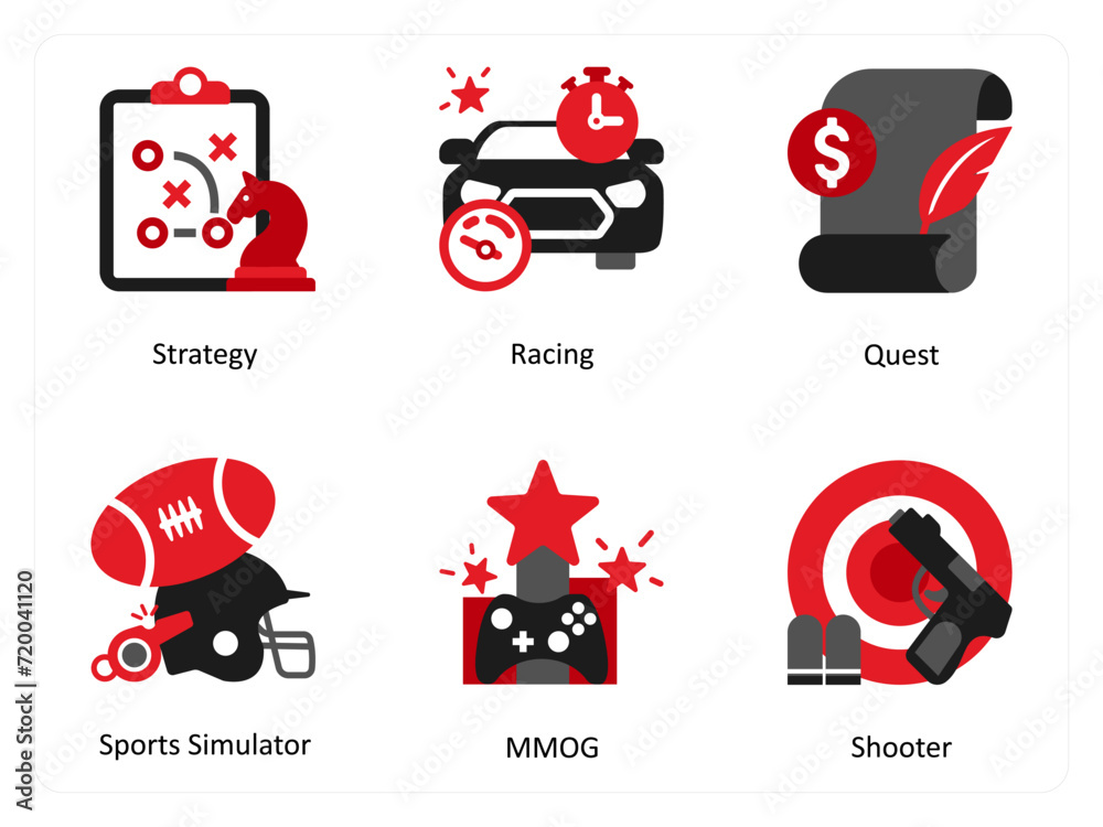 Six game icons in red and black as strategy, racing, quest Stock Vector ...