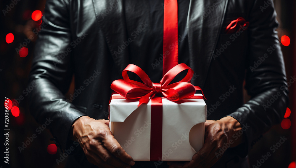 Muscular arms show off a special gift in a white box with a bright red ...