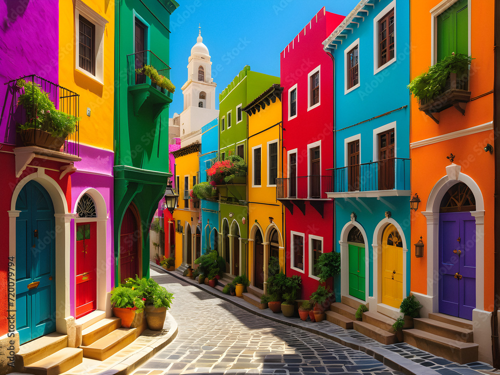 Bright colored houses. Enchanting cityscapes: journey through a ...